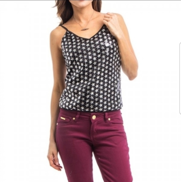 Tops | Black Star Spangled Sequin Tank Top | Poshmark